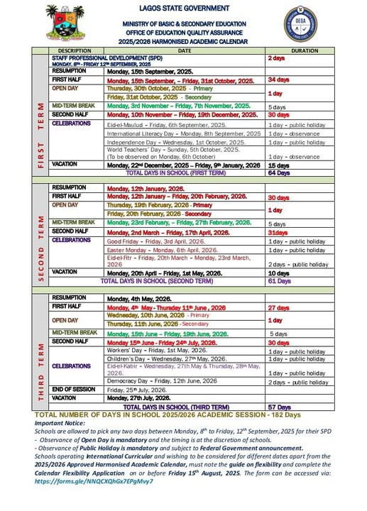 LASG Approved 2025/2026 Harmonised Academic Calendar